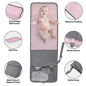 Baby Diaper Bag Tote 5 Piece Set with Pink Hearts, Saying, and Baby Portable Changing Pad, Diaper Bag, Travel Mat Station Gift Set