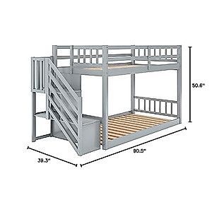 Eafurn Twin Over Twin Floor Bunk Beds with Stairs for Teens, Low Bunk Beds with Storage Staircase,Solid Wood Stairway Bunk Bed Frame for Kids Boys Girls, No Box Spring Required