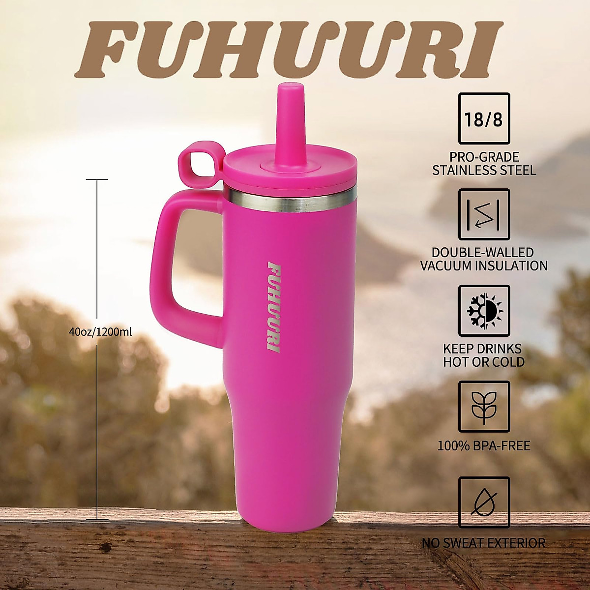 FUHUURI 40oz Stainless Steel Tumbler with Handle,Straw Lid,Double Wall Insulated, Keep Drinks Cold or Hot,Cupholder Friendly (Rose red)