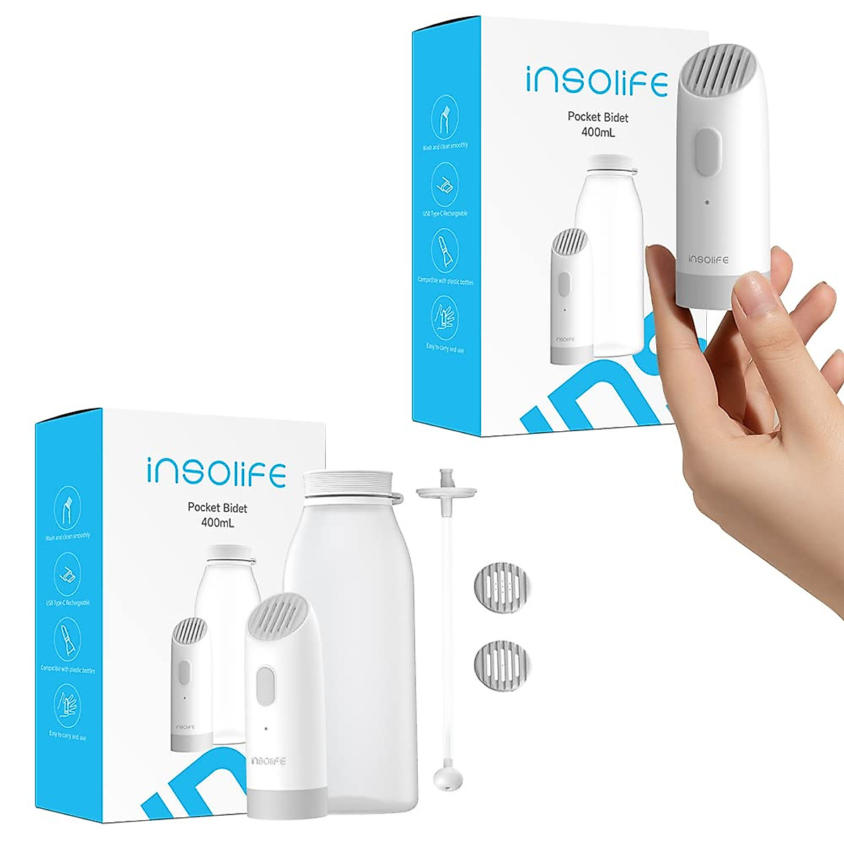 Insolife 2 Pack Portable Bidet for Travel, High Pressure Electric Rechargeable Handheld Personal Bidet on the Go for Hygiene Cleaning, Postpartum & Baby Care, ElderCare