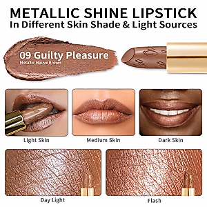 Oulac Brown Lipstick for Women with Metallic 3D Shine Lightweight Hydrating Formula, High Impact Lip Color, Vegan Beauty, Full Coverage Lip Makeup, Christmas Gifts for Women, Guilty Pleasure (09)