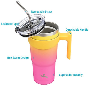 Konokyo 20oz Tumbler with Handle and 2 Straw 2 Lid, Insulated Water Bottle Stainless Steel Vacuum Cup Reusable Travel Mug,Rainbow