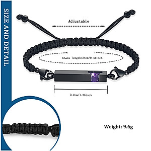 constantlife Birthstone Crystal Cube Urn Bracelet for Ashes Braided Rope Adjustable Bangle Cremation Memorial Jewelry Loved Ones Funeral Keepsake Gift for Women Men (Black-Purple)