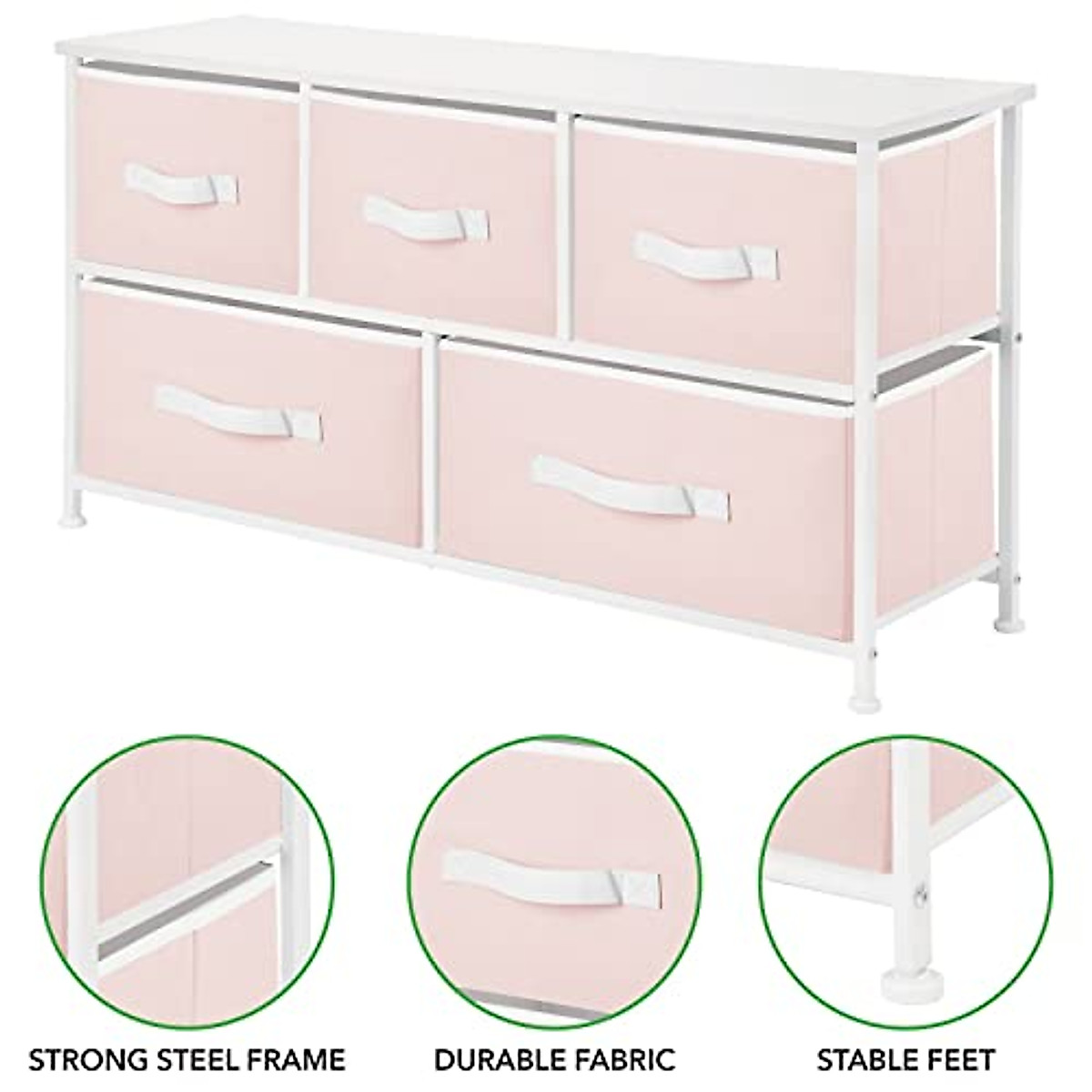 mDesign Wide Steel Frame/Wood Top Storage Dresser Furniture with 5 Fabric Drawers, Large Bureau Organizer for Baby, Kid, and Teen Bedroom, Nursery, Playroom, Dorm - Jane Collection, Pink/White, Pack of 1
