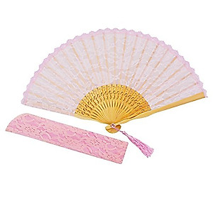 Womens Multi Color Handmade Cotton Lace Folding Hand Fan (Black-A) (6-pac)
