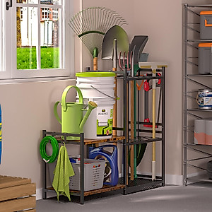 DAOUTIME Garage Tool Organizer with 2-tier Wooden Shelves, Yard Tool Organizer for Garage with 6 Hooks, Heavy duty Steel Garden Tool Rack Holds up to 35 Long Handled Yard tools for Storage, Black