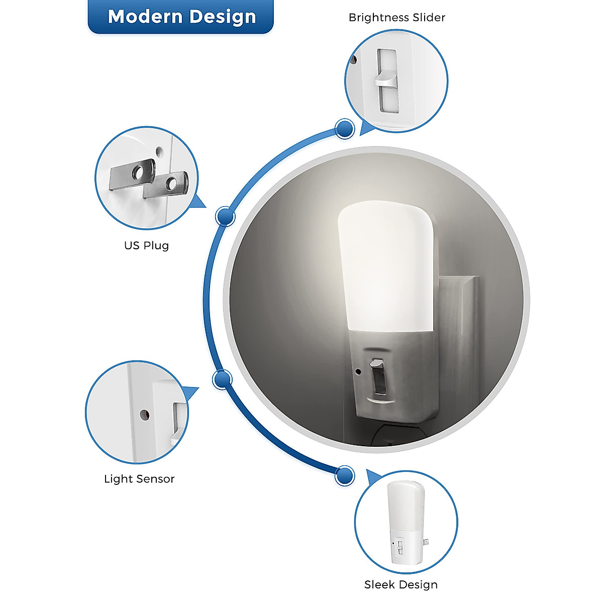 LOHAS Dimmable LED Night Light, Night Lights Plug into Wall, Dusk-to-Dawn Sensor, Daylight White 5000K, Adjustable Brightness 5-80lm Sleep Nightlight for Baby Nursery Bathroom Hallway, 2 Pack
