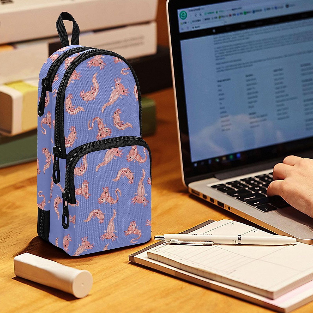 Sletend Cute Axolotl Salamander Pencil Case Big Capacity Handheld Pencil Pouch Portable Large Storage Canvas Pencil Bag for Boys Girls Adults Students