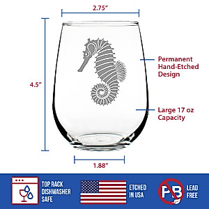 Seahorse Stemless Wine Glass - Unique Beachy Summer Gifts and Beach House Decor - Large 17 Oz Glasses