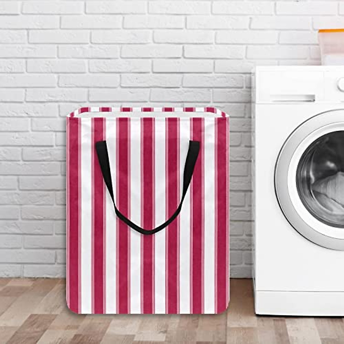 Pink Vertical Stripes Print Collapsible Laundry Hamper, 60L Waterproof Laundry Baskets Washing Bin Clothes Toys Storage for Dorm Bathroom Bedroom