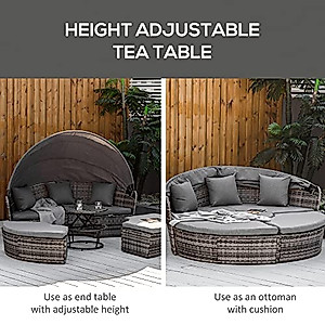 Outsunny 4pc Rattan Patio Furniture Set, Round Convertible Daybed or Sunbed, Adjustable Sun Canopy, Sectional Outdoor Sofa, 2 Chairs, Extending Tea Table, 3 Pillows, PE Plastic Wicker, Gray