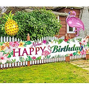 Large Hawaiian Aloha Happy Birthday Banner Luau Party Decorations Tropical Flamingo Birthday Banner Yard Sign for Indoor Outdoor Hanging Supplies Decor with Flamingo Pineapple Balloons