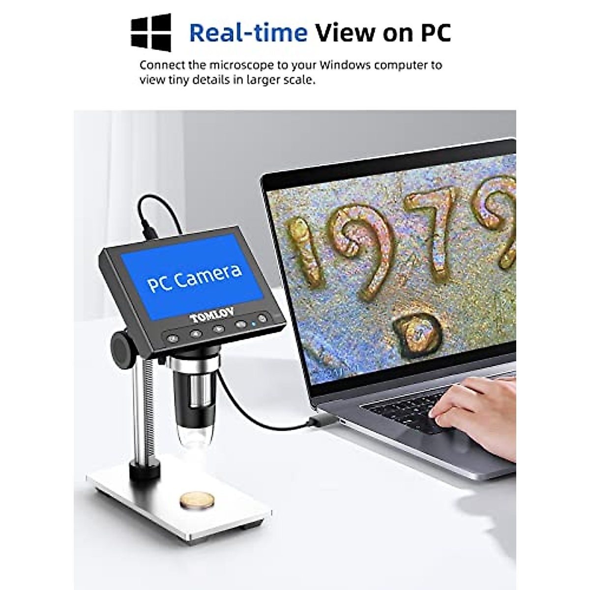 TOMLOV DM4 Coin Microscope 1000X with 4.3" Screen, 720P LCD Microscope with Metal Stand, 8 Adjustable LED Lights, PC View for Kids Adults, Windows Compatible, 32GB TF Card Included