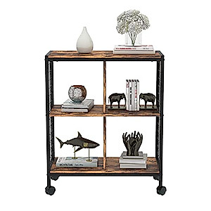 CCKO Bookshelf Storage,Movable Rack Srorage Shelf with Wheels,Nordic Wood Metal 3 Tier Shelving Unit,Open Bookcases for Living Room Bedroom Home Office (Wood)
