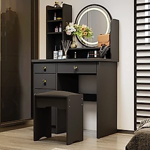 ECACAD Vanity Desk Set with LED Lighted Round Mirror, Makeup Dressing Table with 5 Drawers, Storage Shelves & Cushioned Stool for Bedroom, Black