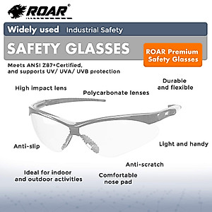 ROAR Clear Premium Safety Glasses 6 pairs per box Eyewear Protective Glasses Safety Goggle Airsoft Goggle, Strong Impact Resistant Lens for Laboratory, Construction, Industrial Safety, Craft