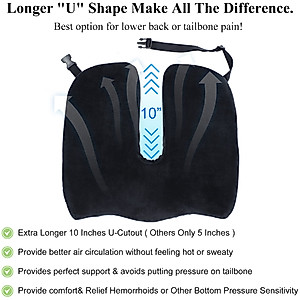 Upgraded Coccyx Cushion for Tailbone Pain-Longer 10 Inch U-Cutout,Memory Foam Seat Cushion for Tailbone Pain Relief,Suitable for Office Chair,Car Seat,Computer Desk Sciatica & Back Pain Relief Pad