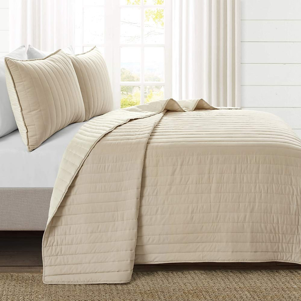 Lush Decor Soft Stripe All Season 3 Piece Quilt/Coverlet Set, Neutral & Ivory, Full Queen