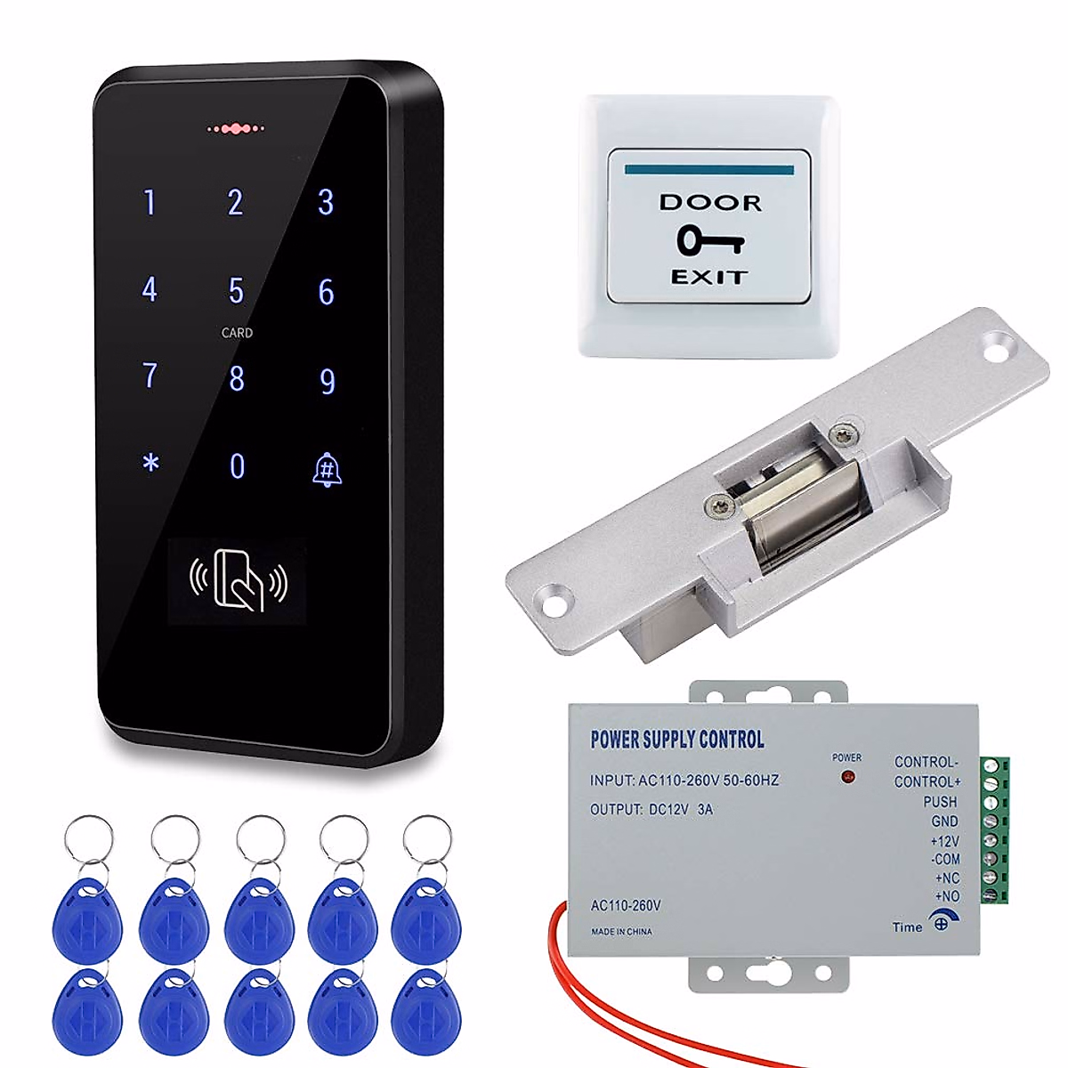 HFeng RFID Access Control System Kit Outdoor IP68 Waterproof Access Control Keypad + NC Fail Safe Electric Strike Locks + DC12V Power Supply + 10pcs 125KHz EM4100 Keyfobs Cards
