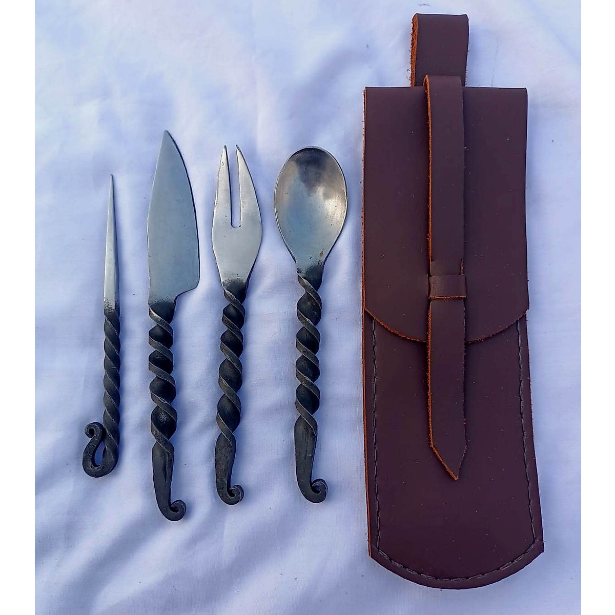 Viking Traders Hand Forged Twisted Medieval Eating Utensil Set | Functional Fork Knife Spoon And Food Stick | Medieval Eating Set, With Genuine Leather Carrying Pouch - Set 4
