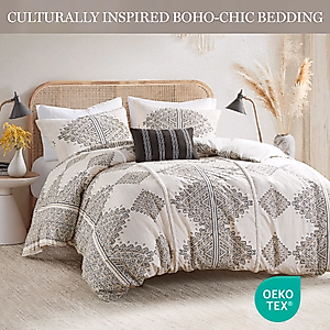 Madison Park King Duvet Cover Set, Boho Duvet Cover with Chenille Trims King Bedding Cover, All Seasons, Microfiber Bedding King Size, Pillow & Shams, Ibiza, King/Cal King, Black/Ivory 4 Piece