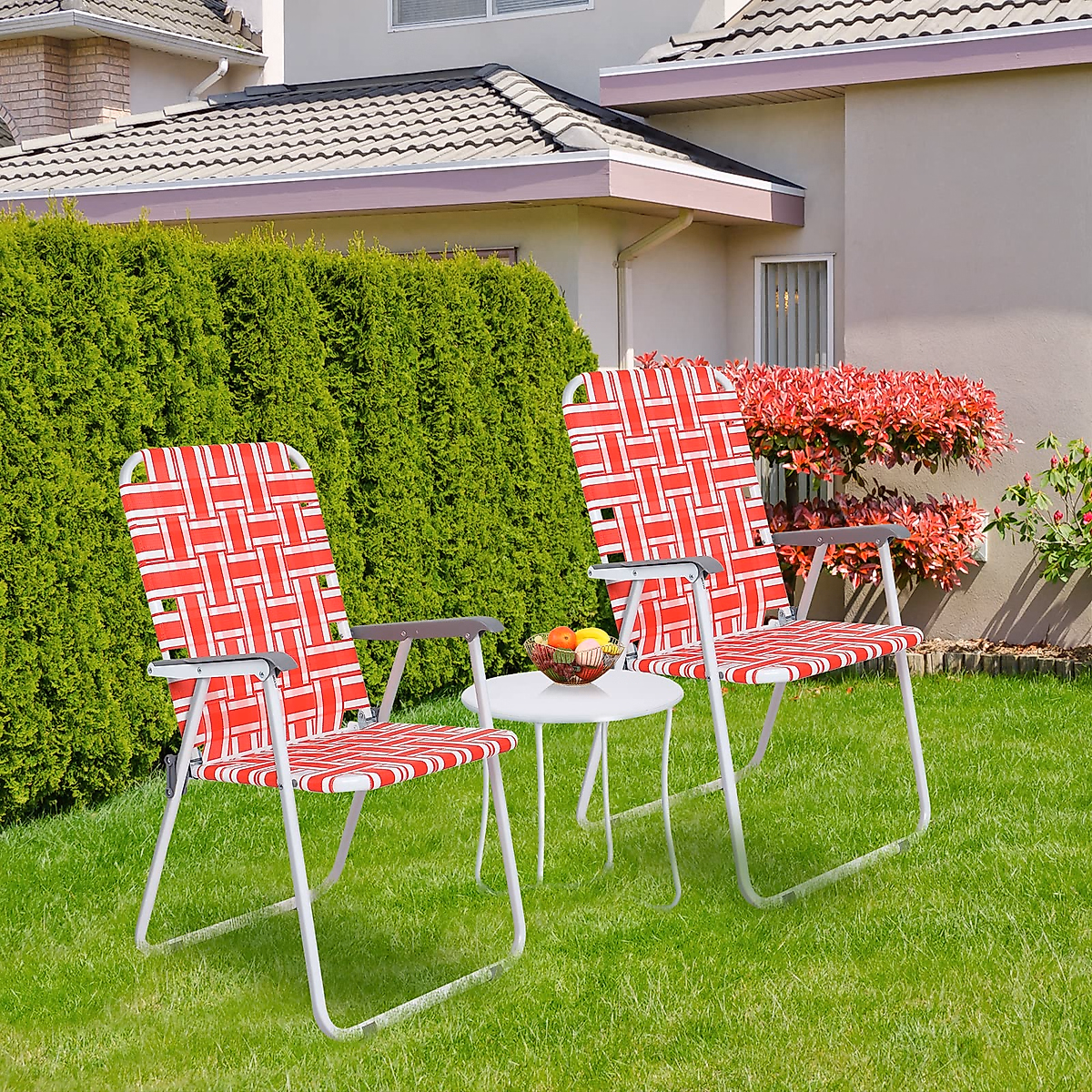 VINGLI Patio Lawn Webbed Folding Chairs Set of 2, Outdoor Beach Portable Camping Chair for Yard, Garden Dining (Red, Classic)