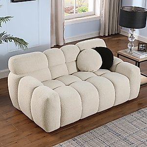 CALABASH 65" Boucle Loveseat Sofa, Modern Tufted Love Seat Cloud Couch with 2 Pillows, Comfy 2 Seater Deep Seat Small Couch for Living Room Apartment Office, Beige