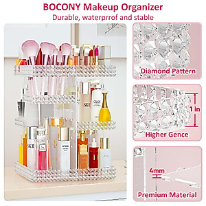 BOCONY Rotating Makeup Organizer, Large Capacity Cosmetic Display Case, Acrylic Skincare Organizer with Makeup Brush, Makeup Storage Organizer for Dresser Countertop and Bathroom Vanity - Clear