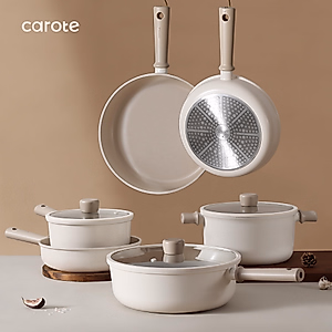 CAROTE 16pcs Pots and Pans Set Non Stick, Nonstick Kitchen Cookware Sets, Induction Cookware Sets with Stay-Cool Handle, Beige and Taupe