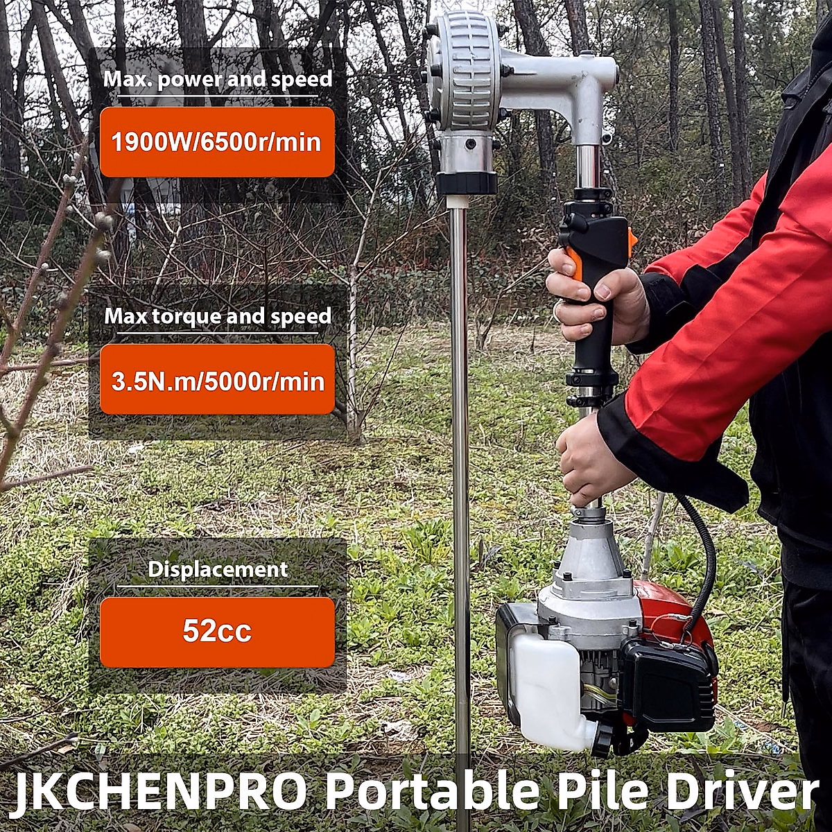 JKCHENPRO Portable Pile Driver Hammer, 2 Stroke Portable 52CC Gas Post Driver Hammer Drills, Handheld Gasoline Pile Driver for Fence Post Construction Site, Maximum Pile Driving Diameter for 50mm