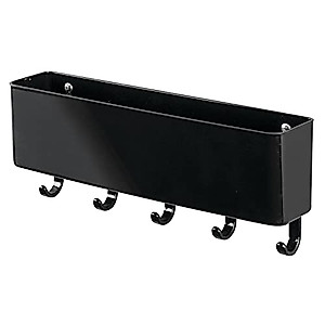 mDesign Plastic Wall Mount Mail and Key Holder with 5 Hooks, Hanger Rack Shelf for Home Entryway, Mudroom, Kitchen, Hold Letters, Cards, Magazines, Coats, Umbrellas, Ligne Collection - Black