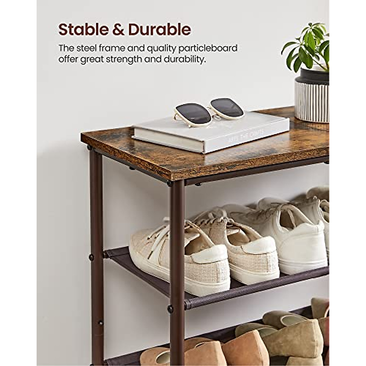 VASAGLE Shoe Rack 5 Tier, Narrow Shoe Organizer for Closet Entryway, with 4 Fabric Shelves and Top for Bags, Shoe Shelf, Steel Frame, Industrial, Rustic Brown and Bronze ULBS036A45