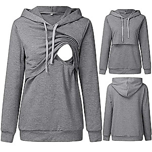 Women Nursing/Maternity Hoodies Sweatshirts Winter Breastfeeding Pullover Pregnancy Layered Long Sleeve Tuncis T Shirt Blouse (Gray, M)