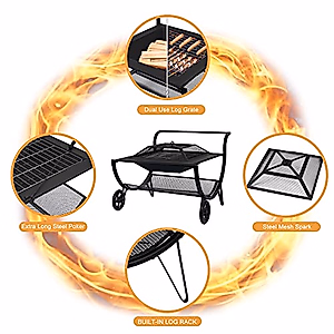 Sundale Outdoor Fire Pits Outdoor Wood Burning with Wheels, 27 Inch Steel Square Firepit BBQ Grill, Grate, Spark Screen, Fire Poker, Portable Fire Pit for Outside Patio Backyard