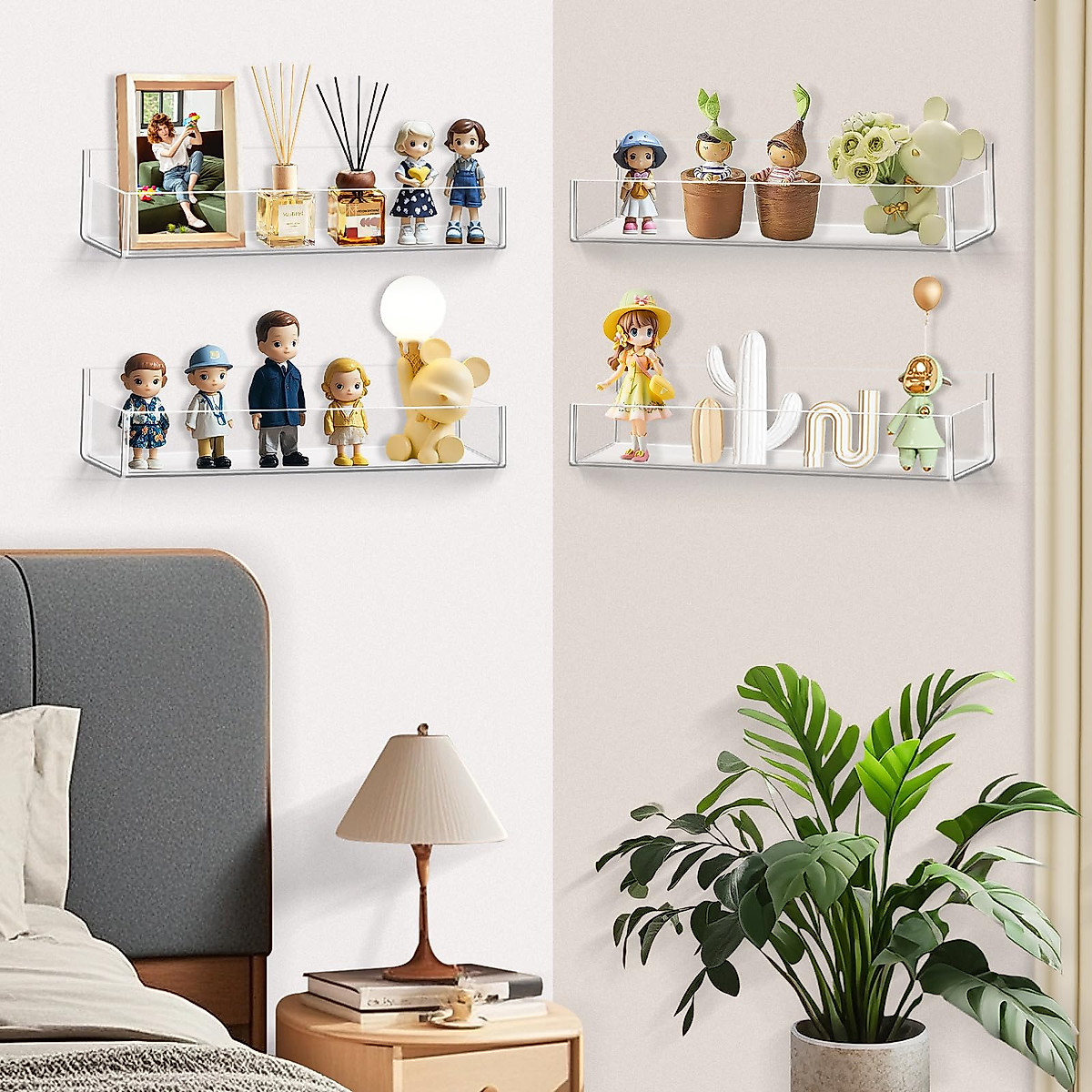 GTJ Acrylic Shelves, 4-Pack Spice Rack Wall Mount, Clear Book Shelves for Wall, Spice Organization, Vinyl Wall Mount, Cabinet, Pantry Door, Kitchen, Bedroom, Self-Adhesive and Drilling