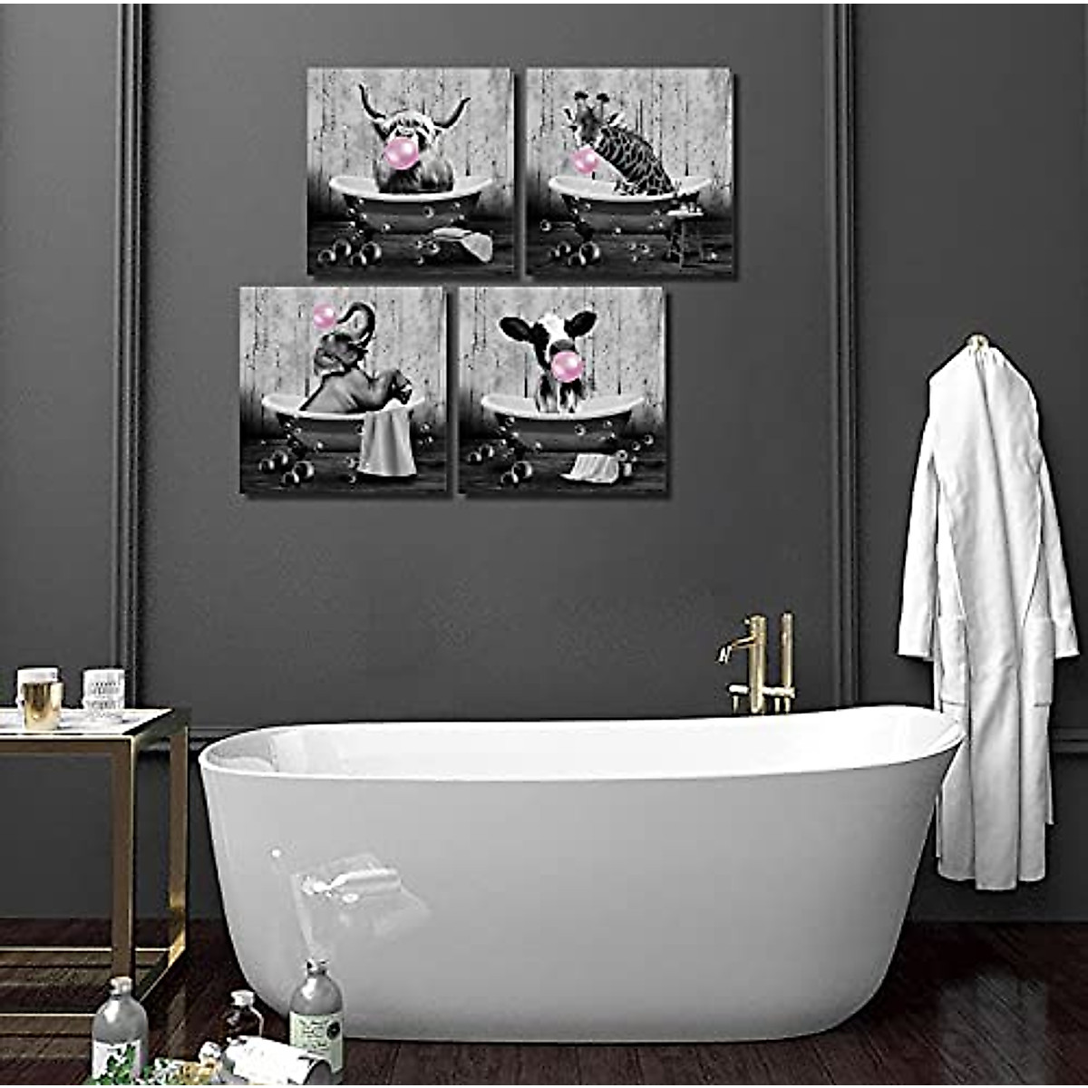 KALAWA Bathroom Pictures Wall Decor Set of 4 Funny Animal Black and White Bathroom Decor Wall Art Pink Bubble Canvas Wall Art Highland Cow Giraffe Elephant Cows Home Decor Framed Ready to Hang 12x12