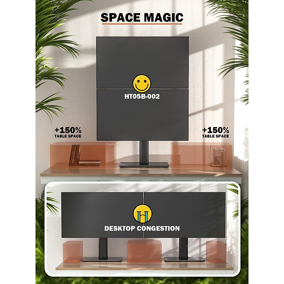 Dual Monitor Stand - Vertical Stack Screen Free-Standing Monitor Riser Fits Two 13 to 34 Inch Screen with Swivel, Tilt, Height Adjustable, Holds One (1) Screen up to 44Lbs HT05B-002