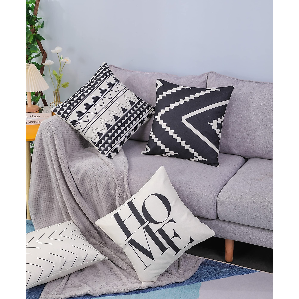 Mercijzyasang Set of 4 Decorative Throw Pillow Covers 18x18 Inch for Couch, Black and White/Cream Square Accent Pillows Case for Cushions Sofa Bed and Living Room Farmhouse Outdoor Decoration (Black)