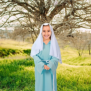 Hicarer Child Mary Costume Kids Biblical Costumes for Kids Girls Virgin Mary Costume with White Headpiece Belt Blue Robe Christian