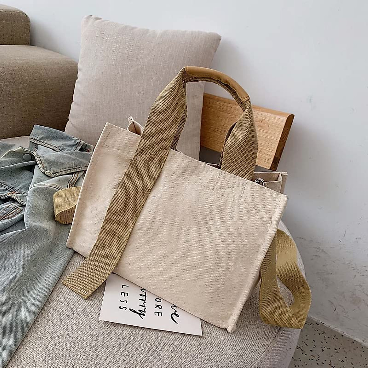 Women's Large Canvas Tote Bag Simple Shoulder Shopping Bag Solid Color Commuter Fashion Postman Tote Bag(Beige)