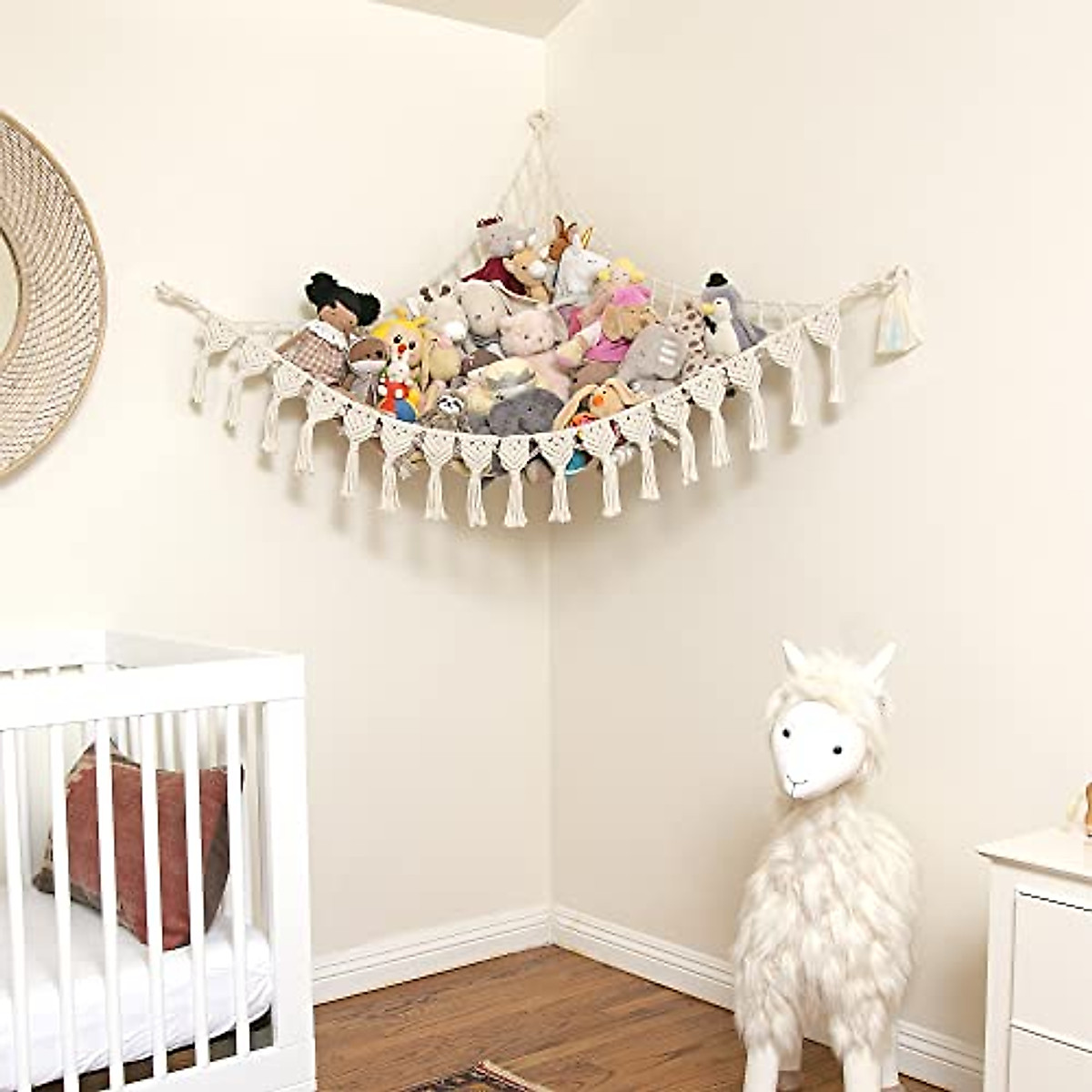 Abby Baby X-Large Stuffed Animal Storage Hammock with LED Lights – 25LB Capacity Toy Net for Stuffed Animals, Squishmallow Net for Stuffed Animals Corner, Plush Hammock for Playroom, Plush Net, Beige