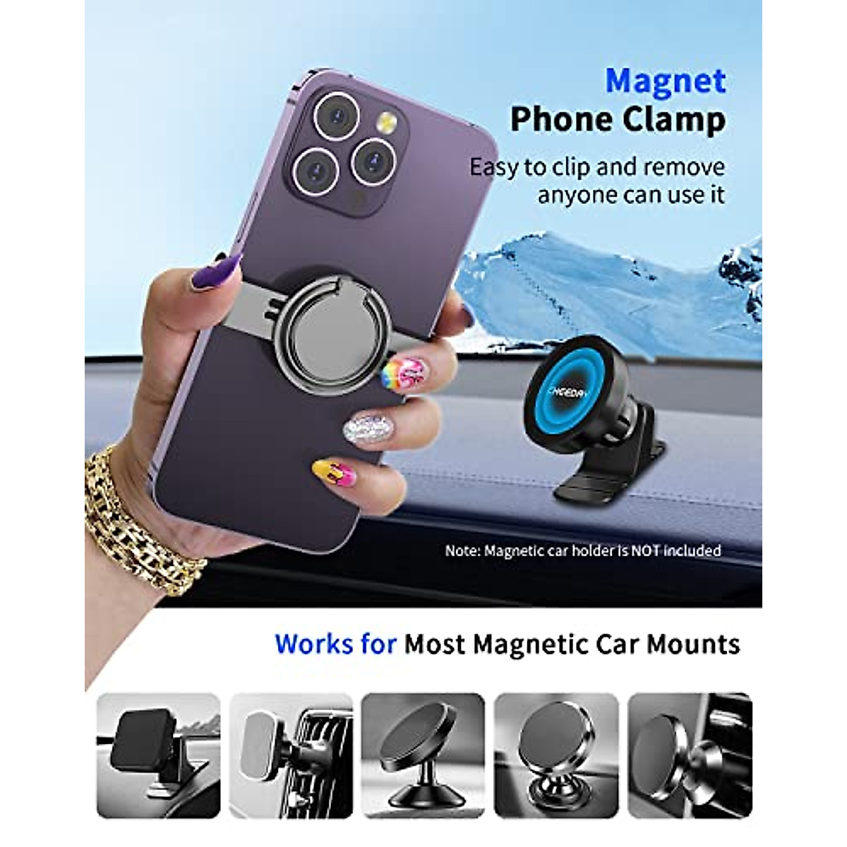 CHEEDAY Magnetic Phone Clamp Mount to Any Metal Surface, [Strong Magnet] Gym Metal Phone Clip Ring Grip for Magnetic Car Holder Compatible with iPhone 12 13 14 Pro Max, Most Phones and Cases, Gray