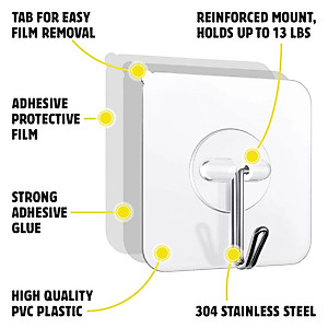 GOT 'EM Universal Adhesive Hooks Medium 6-Pack - Peel & Stick to Wall, Heavy Duty Holds 13 lbs of Towels, Coats, Picture, Plant. 90 Degree Adjust, Water Proof for Indoor/Outdoor, No Tools Needed