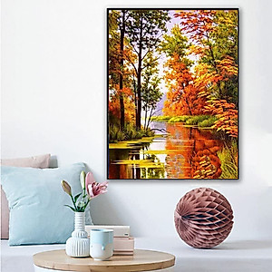 Foxdiviy Stamped Cross Stitch Kits Full Range of Embroidery Needlework Starter Kits for Beginners Adults 11CT Embroidery Patterns Art Crafts DIY Needlepoint Kits-Autumn Stream 19.7×26.8 inch