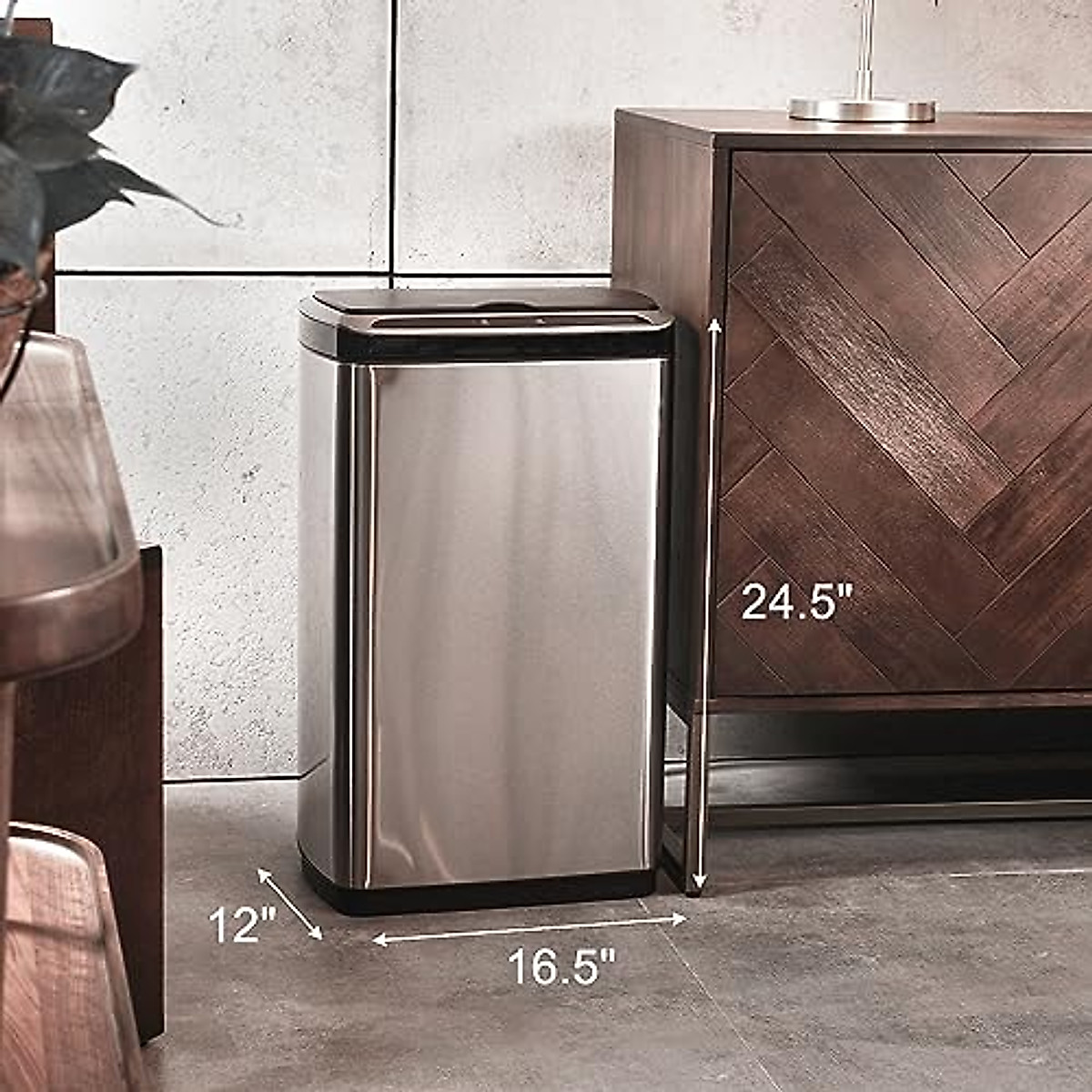 ELPHECO 50 Liter / 13.2 Gallon Rectangular Kitchen Trash Can, Brushed Stainless Steel Finish Motion Sensor Trash Can, Automatic Trash can for Kitchen, Living Room, Office, 3 AA Batteries (Excluded)