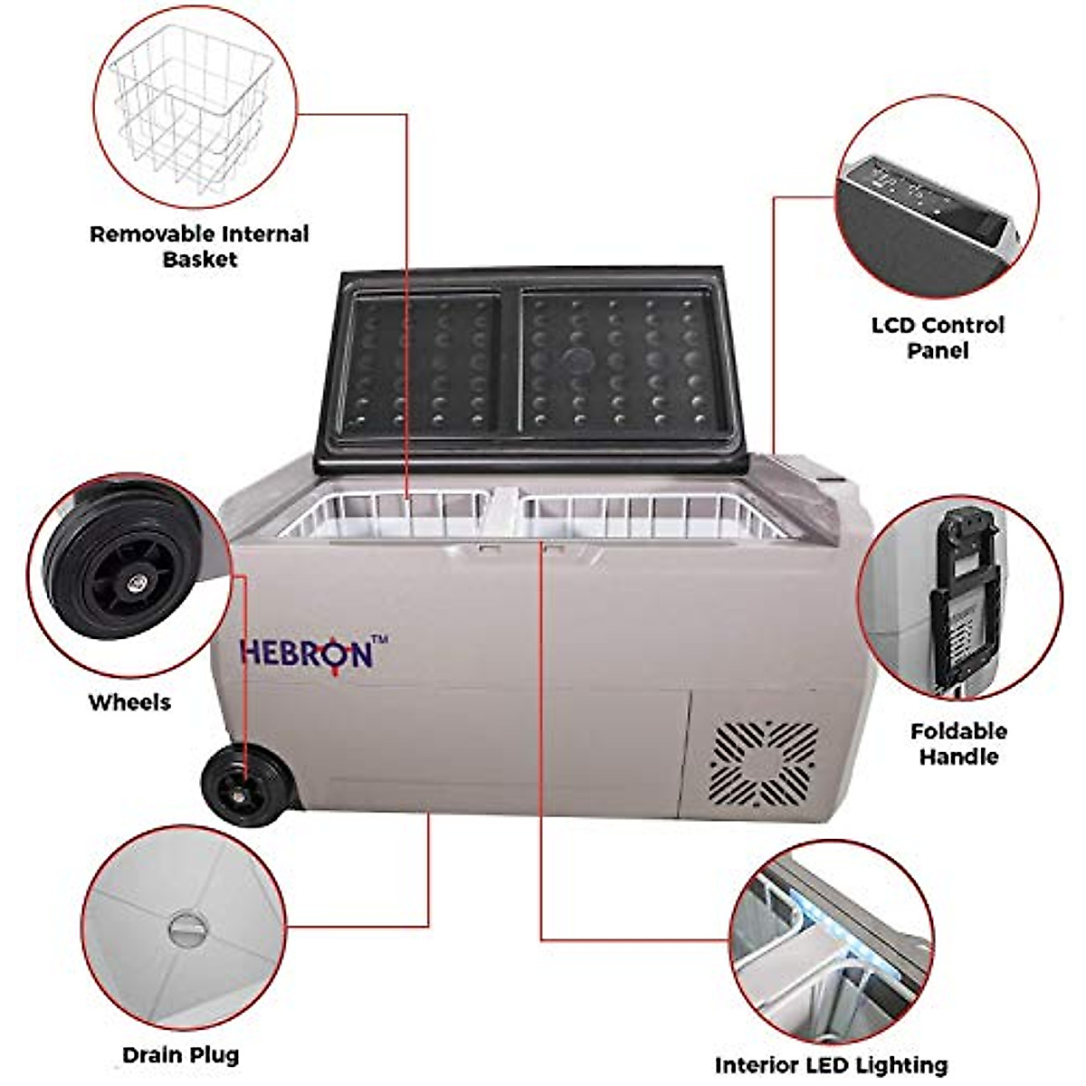 Hebron 33 Quart Dual Zone Portable Refrigerator/Freezer for Camping Fishing and Travel - 12/24 Volt DC Mini Chest Cooler for Vans Campers RVs and Boats