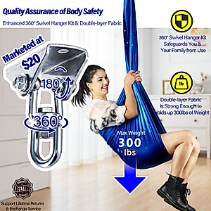 Sensory Swing for Kids & Adults Holds up to 300lbs Indoor & Outdoor Double Layer Therapy Cuddle Swing with 360° Swivel Hanger Kit for Calming, Effect for Autism, ADHD or SPD. (Star Blue)