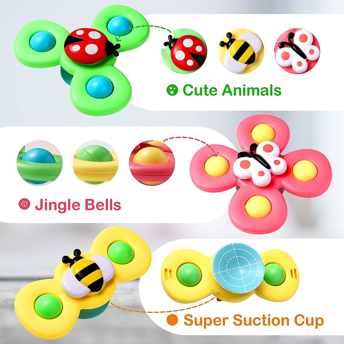 Hooku 3 PCS Baby Bath Spinner Toy with Rotating Suction Cup Spinning Top Toy Animal Spin Sucker Baby Bath Toys Dining Chairs Toys Windmill
