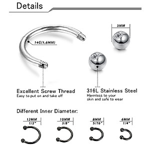 Sanfenly 48Pcs 14G Stainless Steel Horseshoe Nose Septum Rings Piercing Jewelry Cartilage Helix Tragus Earring Hoop Eyebrow Lip Hoop Piercing Ring for Women Men 6mm 8mm 10mm 12mm