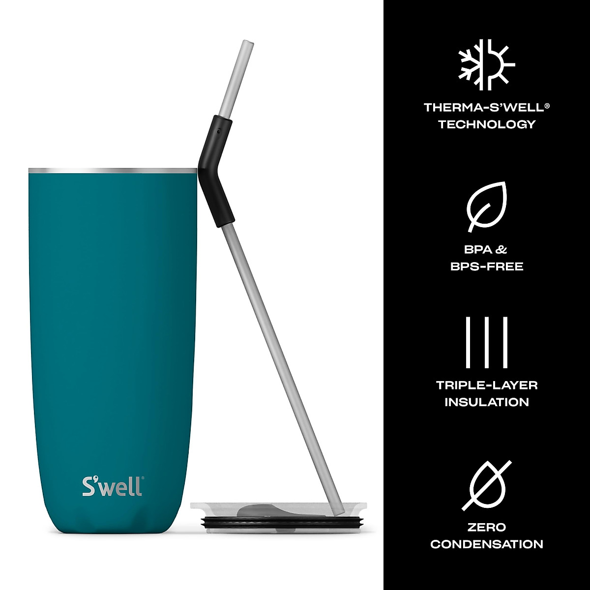 S'well Stainless Steel Tumbler with Straw and Slide-Open Lid, 24oz, Peacock Blue, Triple Layered Vacuum Insulated Containers Keeps Drinks Cold for 18 Hours and Hot for 5, BPA Free